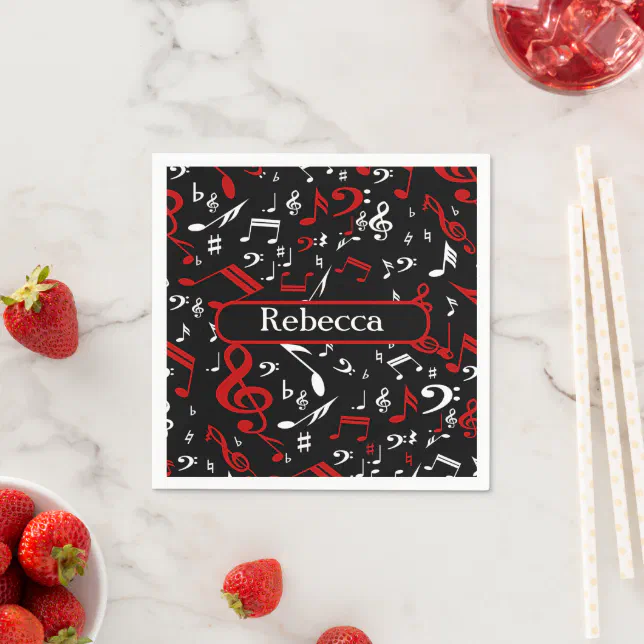 Personalized Red White and Black Musical Notes Paper Napkins | Zazzle