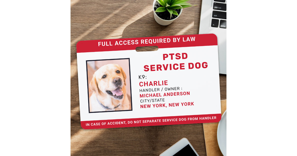 Personalized Red White PTSD Service Dog Photo ID Badge | Zazzle