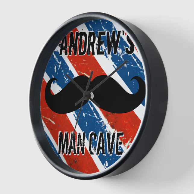 Personalized Red Whte and Blue Mustache Man Cave Clock | Zazzle
