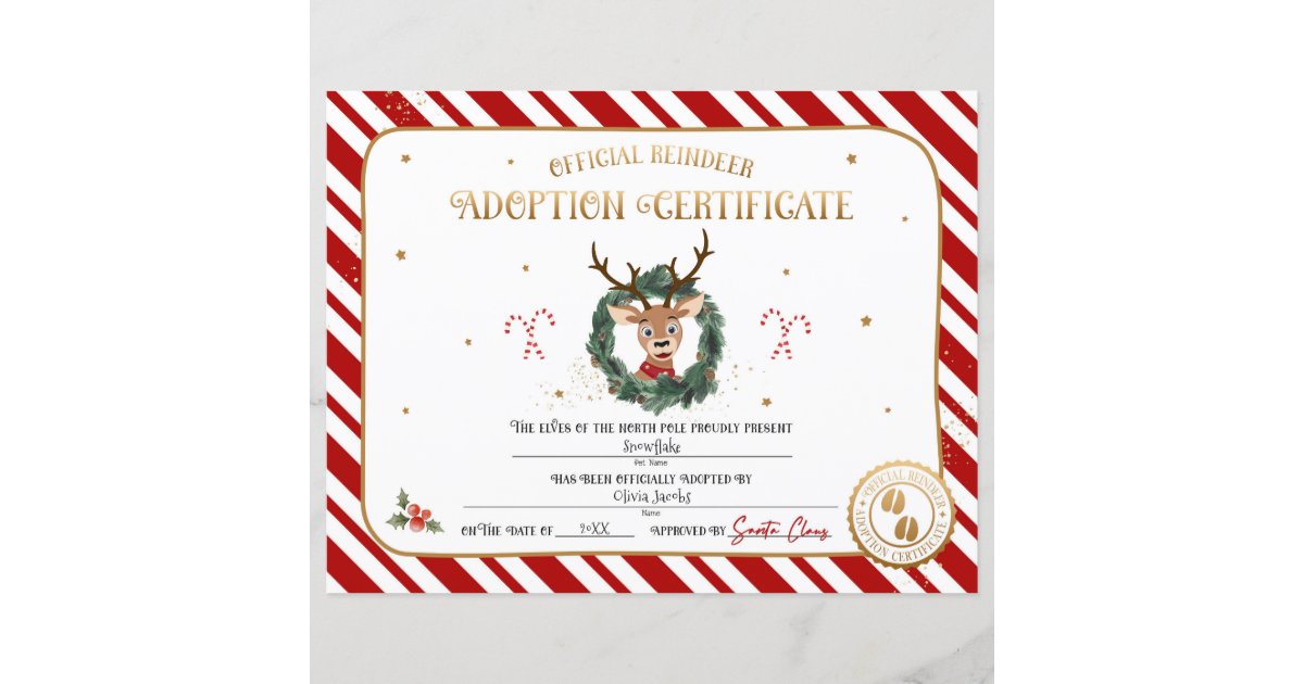 Personalized Reindeer Adoption Certificate | Zazzle