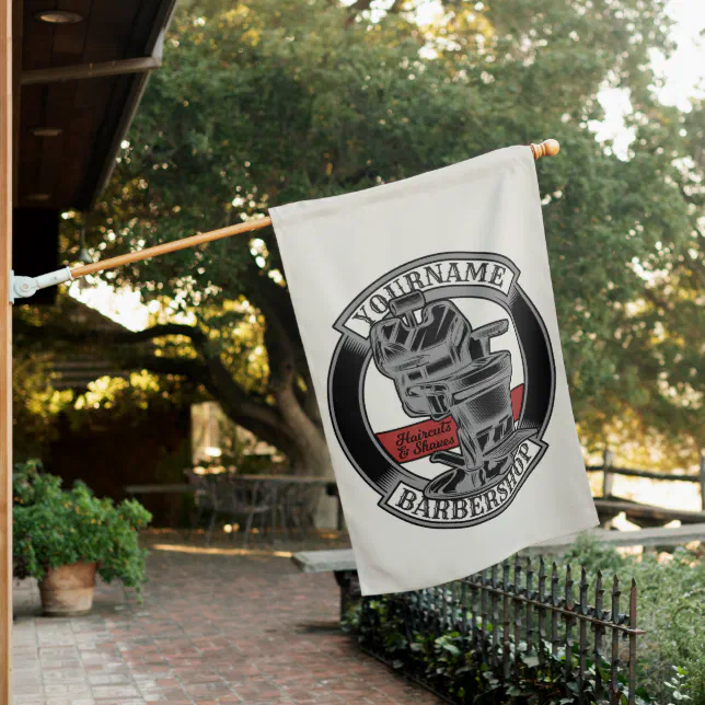 Personalized Retro BarberShop Barber Chair Salon House Flag | Zazzle