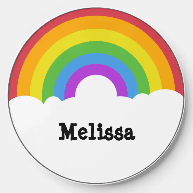 Personalized Retro Style Round Rainbow and Clouds Wireless Charger | Zazzle