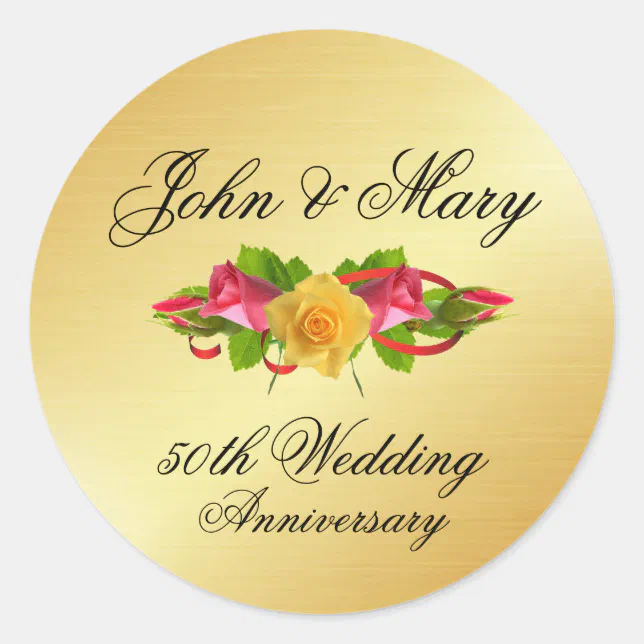 Personalized Roses And Gold 50th Wedding Anniversary Classic Round