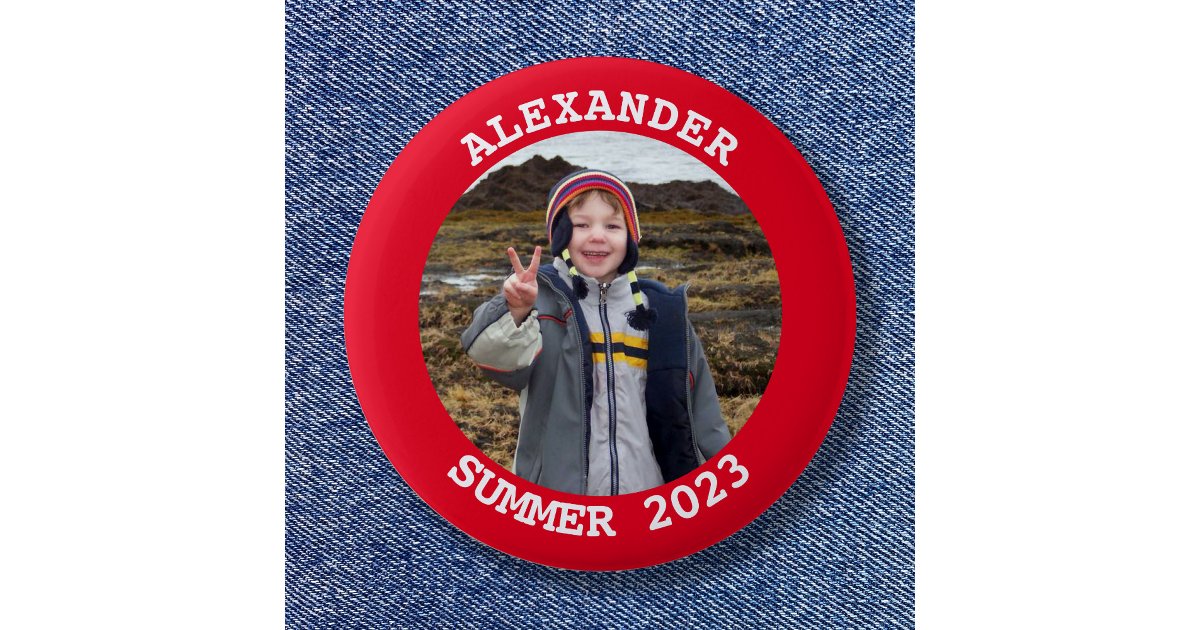 Personalized Round Family Photo Bright Red Button | Zazzle