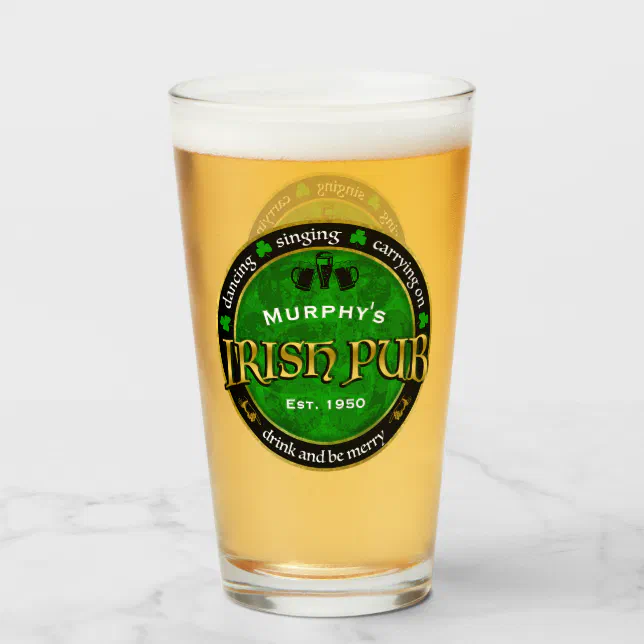 Personalized, Round Irish Pub Logo Glass | Zazzle