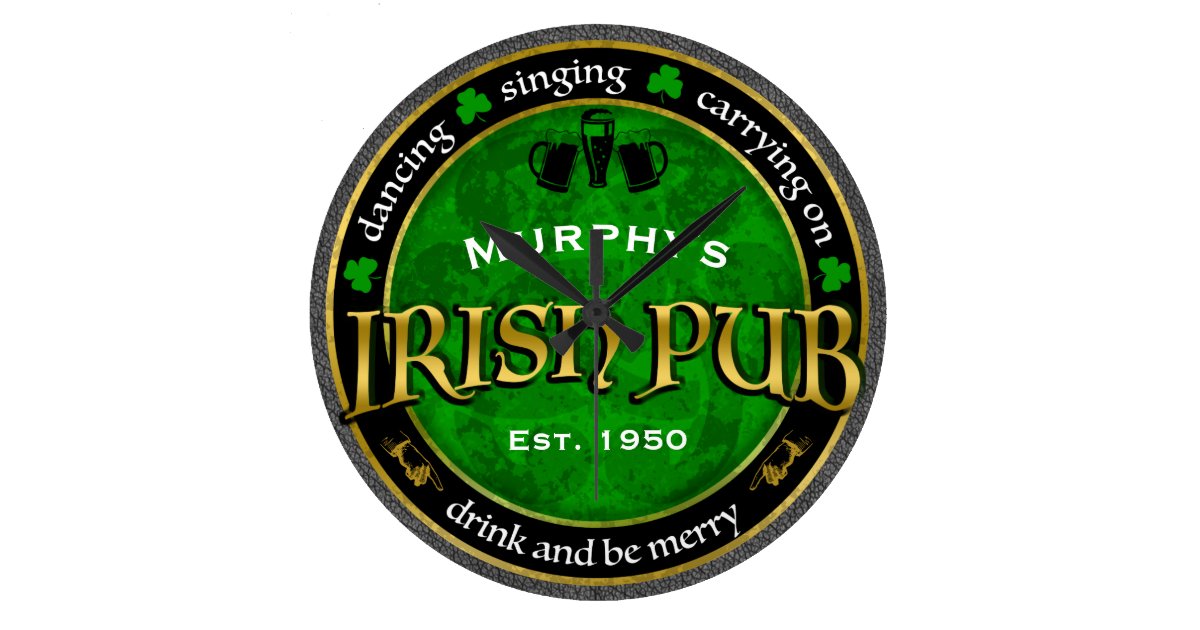 Personalized, Round Irish Pub Logo Large Clock | Zazzle
