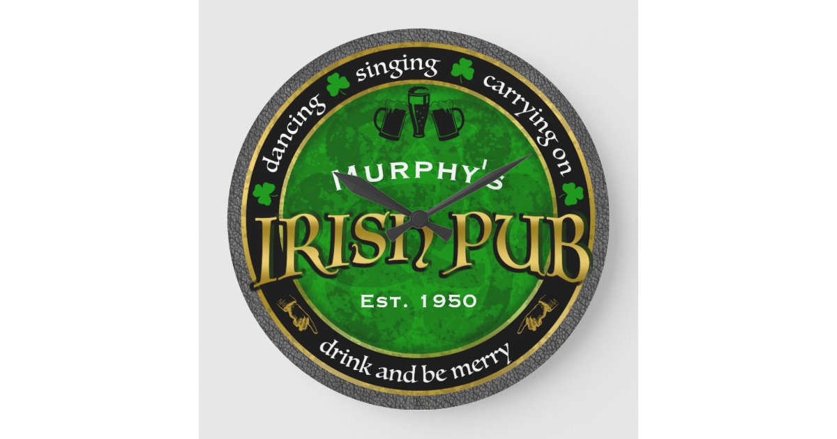 Personalized, Round Irish Pub Logo Large Clock | Zazzle