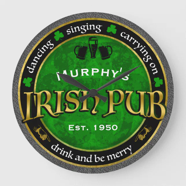 Personalized, Round Irish Pub Logo Large Clock | Zazzle