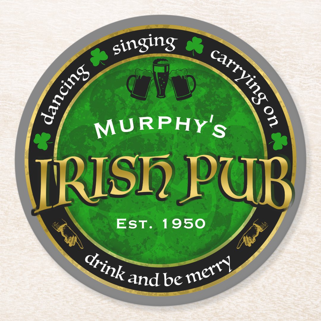 Personalized, Round Irish Pub Logo Round Paper Coaster | Zazzle