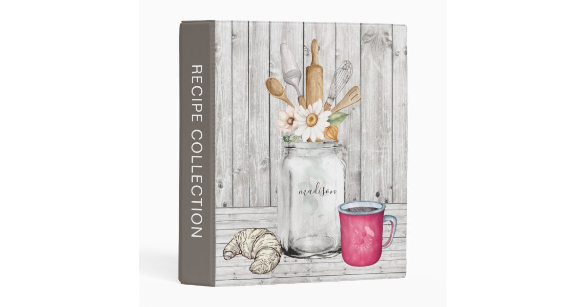 Personalized Rustic Floral Mason Jar Wood Recipe Mini Binder | Zazzle