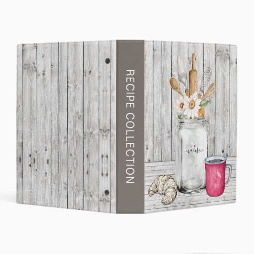 Personalized Rustic Floral Mason Jar Wood Recipe Mini Binder | Zazzle