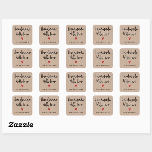 Personalized Rustic Kraft Handmade With Love Square Sticker | Zazzle