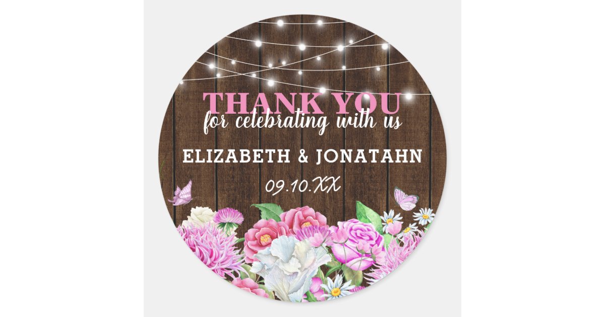 Personalized Rustic Pink Floral Wedding Classic Round Sticker | Zazzle