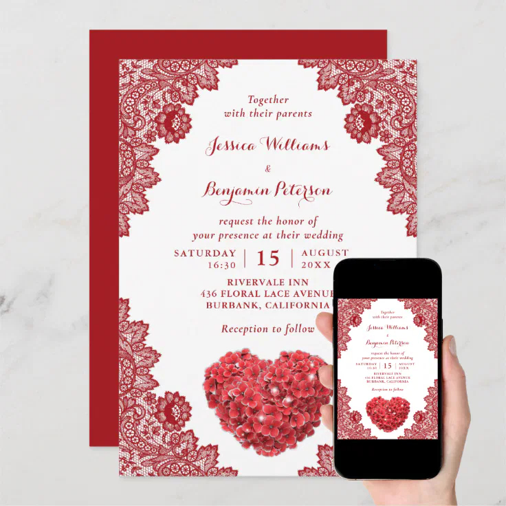 Personalized Rustic Red Lace Floral Wedding Invita Invitation | Zazzle