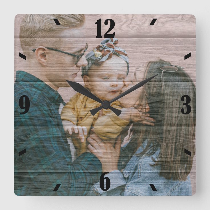 Personalized Rustic Wood Effect Photo Square Wall Clock | Zazzle