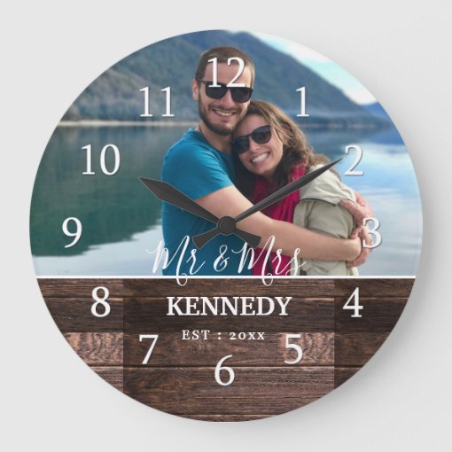 Personalized Rustic Wood Wedding Anniversary Photo Large Clock | Zazzle