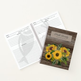 Personalized Rustic Wood Yellow Sunflowers Recipe Notebook | Zazzle