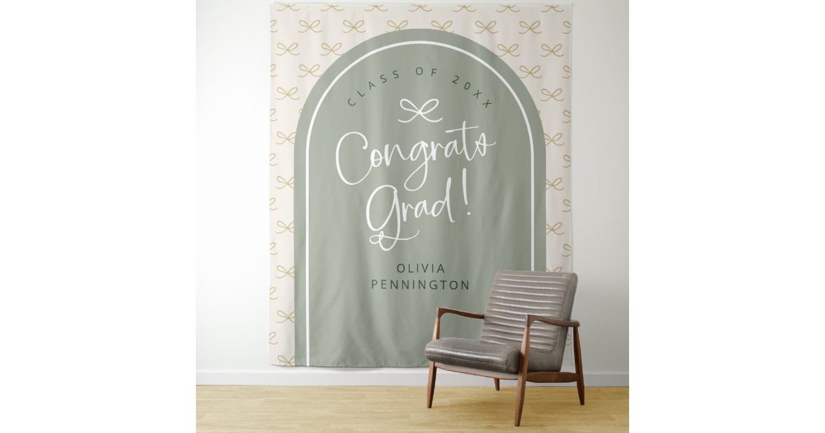Personalized Sage Bow Congrats Grad Photo Backdrop | Zazzle