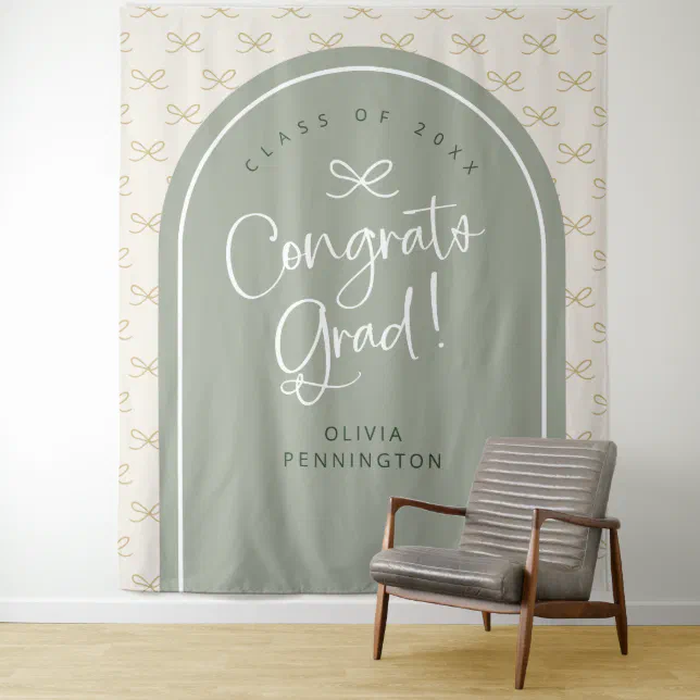 Personalized Sage Bow Congrats Grad Photo Backdrop | Zazzle