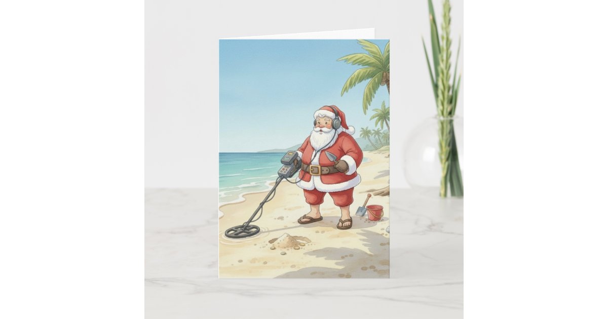 Personalized Santa doing Metal Detecting on beach Holiday Card | Zazzle
