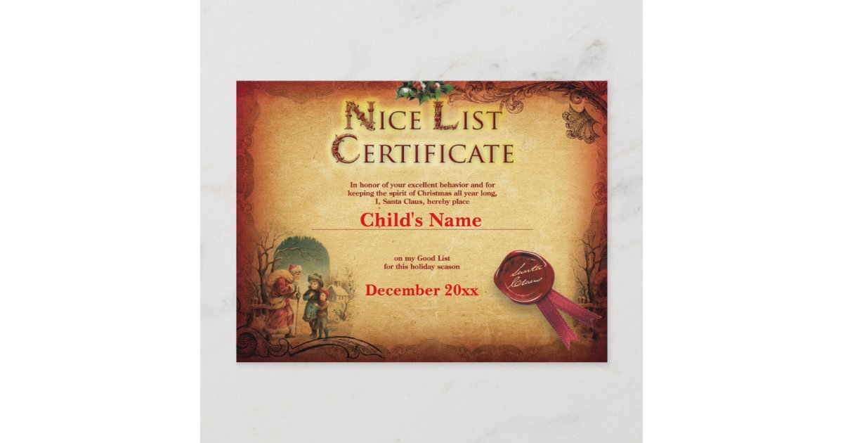 Personalized Santa's Nice List Certificate Postcard | Zazzle