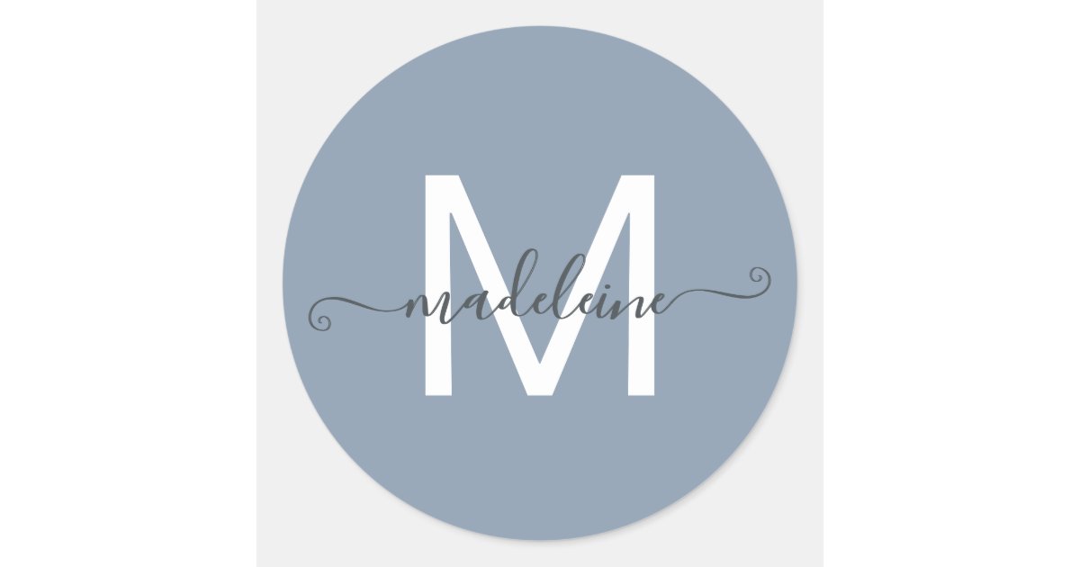 Personalized Script Name Monogram Dusty Blue Classic Round Sticker | Zazzle