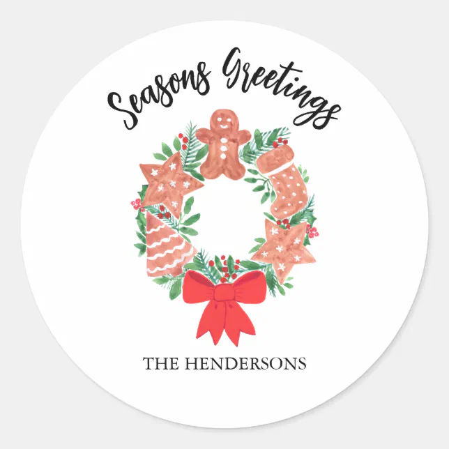 Personalized Seasons Greetings Wreath Classic Round Sticker | Zazzle