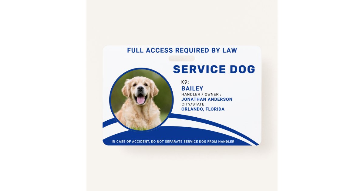 Personalized Service Dog Blue Photo ID Badge | Zazzle