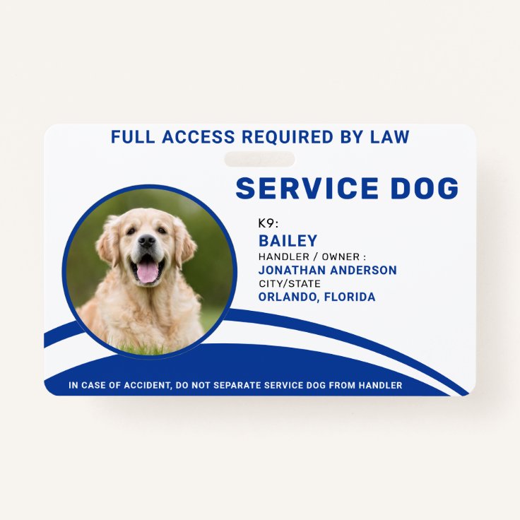 Personalized Service Dog Blue Photo ID Badge | Zazzle