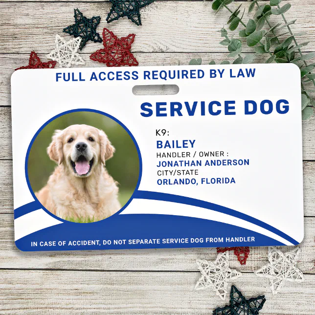 Personalized Service Dog Blue Photo ID Badge | Zazzle