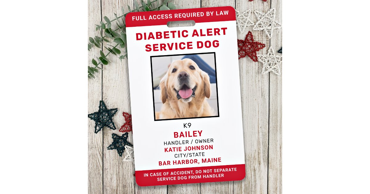 Personalized Service Dog Diabetic Alert Dog Photo Badge | Zazzle