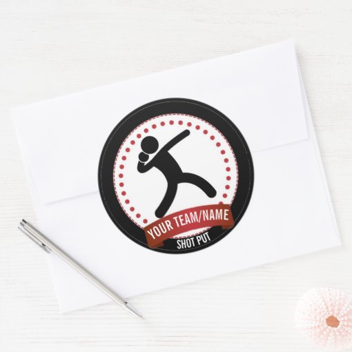 Personalized shot put black white and red modern classic round sticker ...