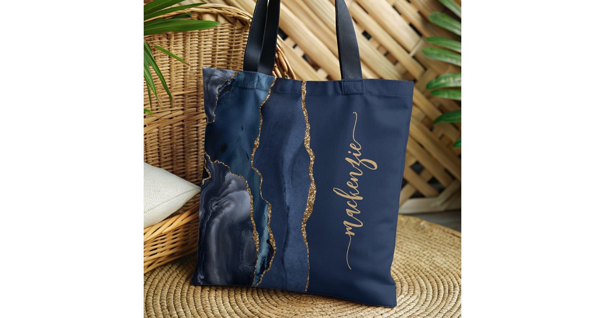 Personalized Signature Navy Blue Gold Agate Tote Bag | Zazzle