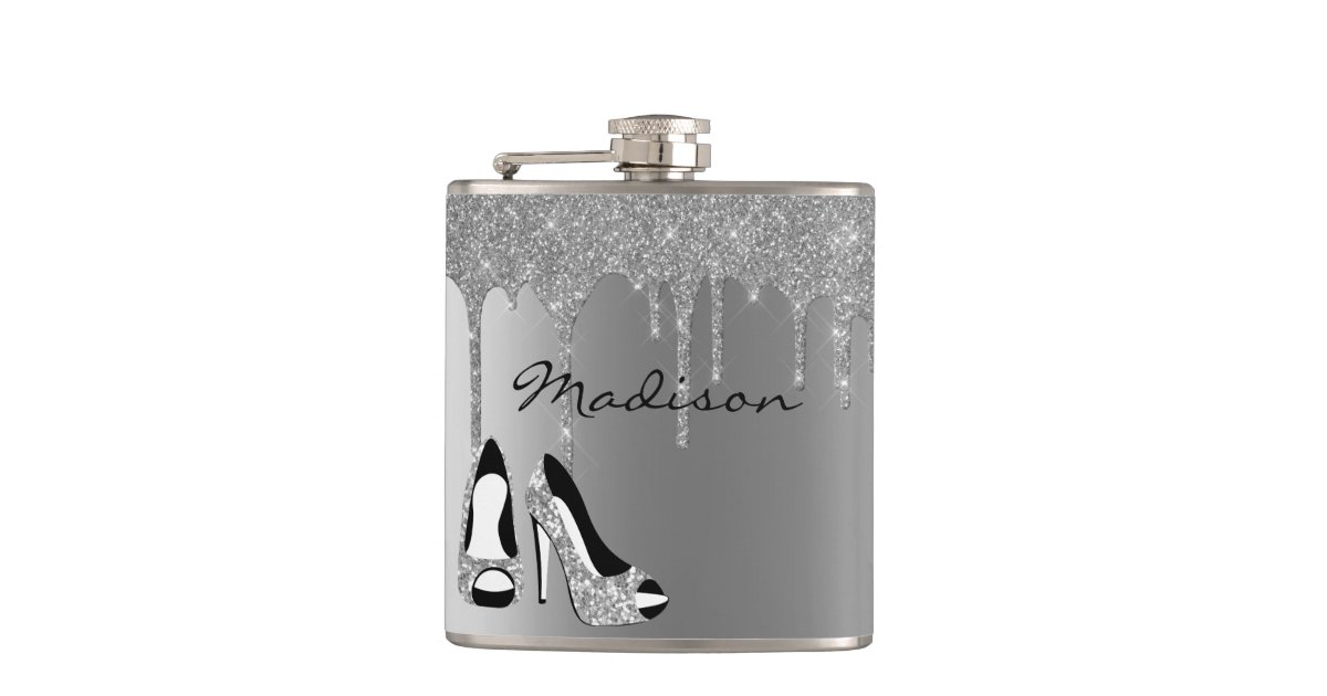 Personalized Silver Glitter Drips Heels Shoes Flask | Zazzle