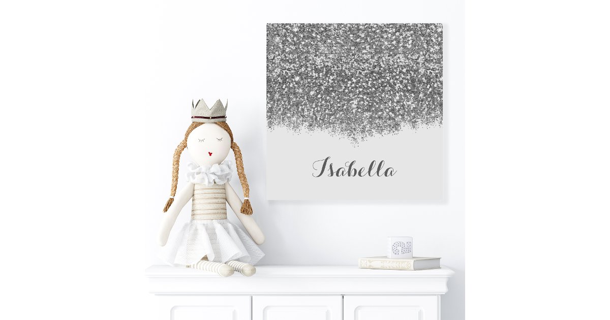 Personalized Silver Glitter Name Art Faux Canvas Print | Zazzle