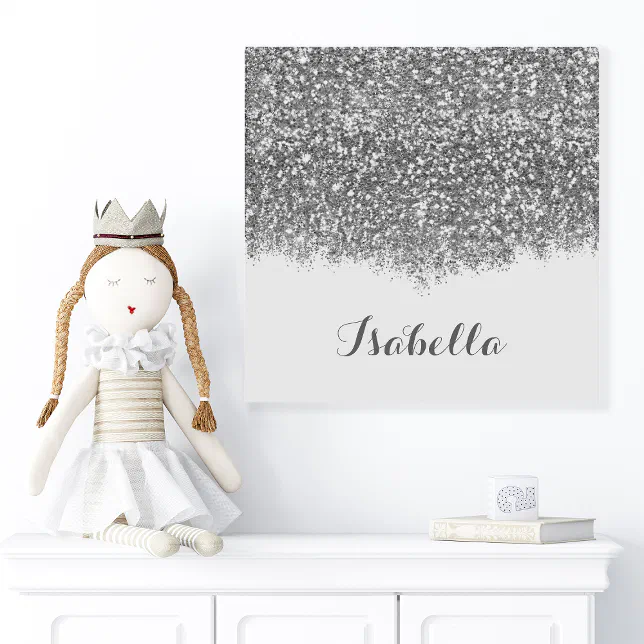 Personalized Silver Glitter Name Art Faux Canvas Print | Zazzle