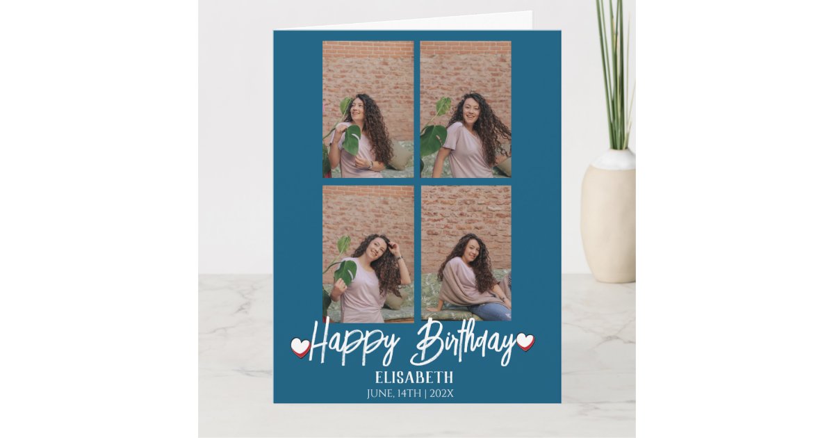 Personalized Simple Birthday Stylish Four Photo Card | Zazzle