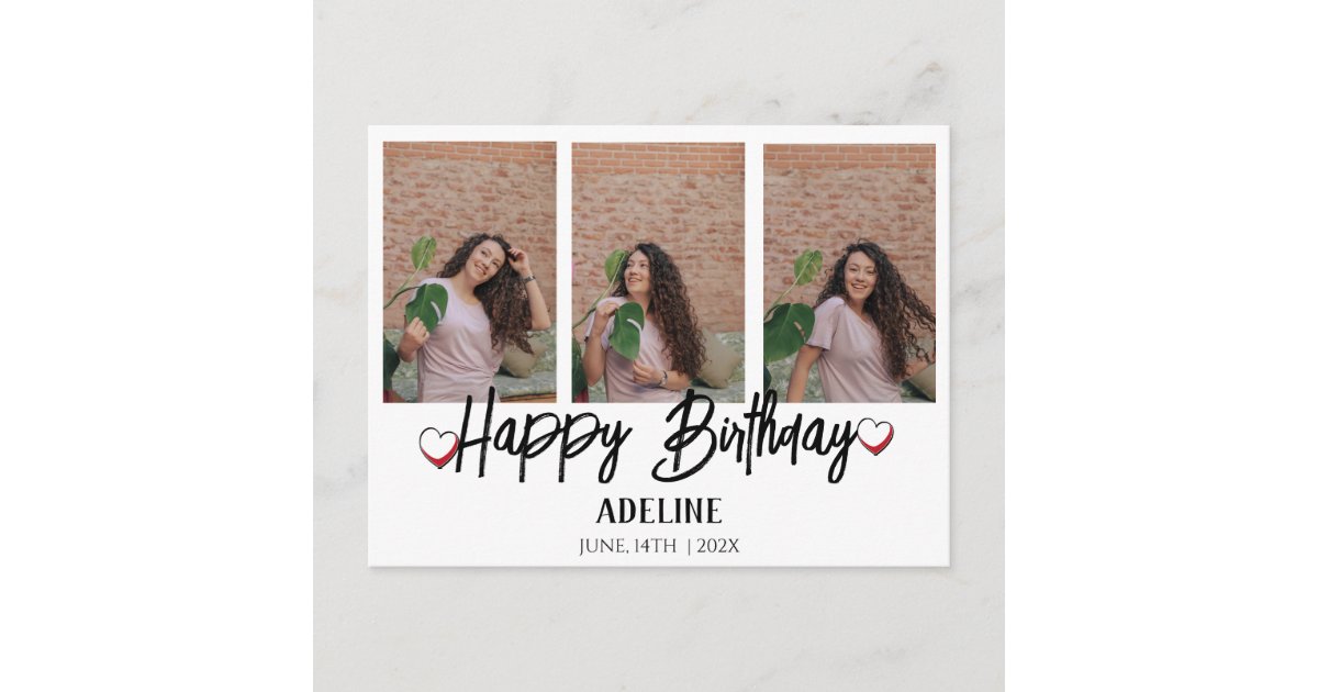 Personalized Simple Birthday Stylish Three Photo Postcard | Zazzle