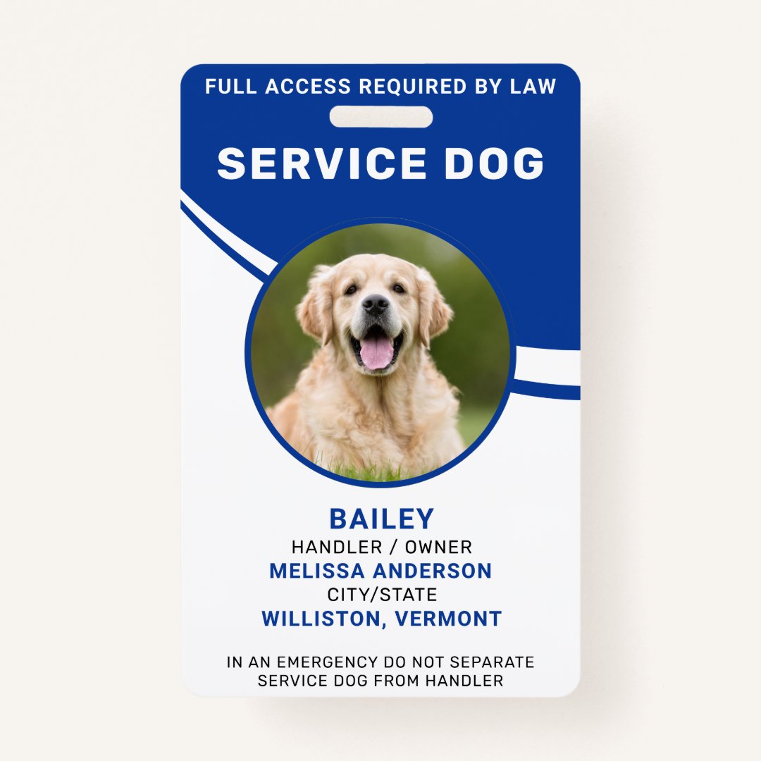 Personalized Simple Blue Service Dog Photo ID Badge | Zazzle