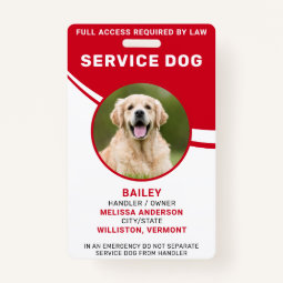 Personalized Simple Red Service Dog Photo ID Badg Badge | Zazzle