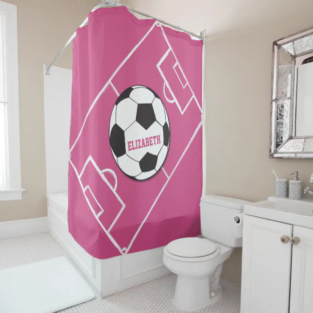 Personalized Soccer Ball and Field Pink Shower Curtain | Zazzle