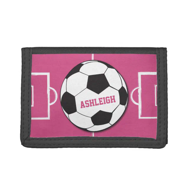 Personalized Soccer Ball and Field Pink Trifold Wallet | Zazzle