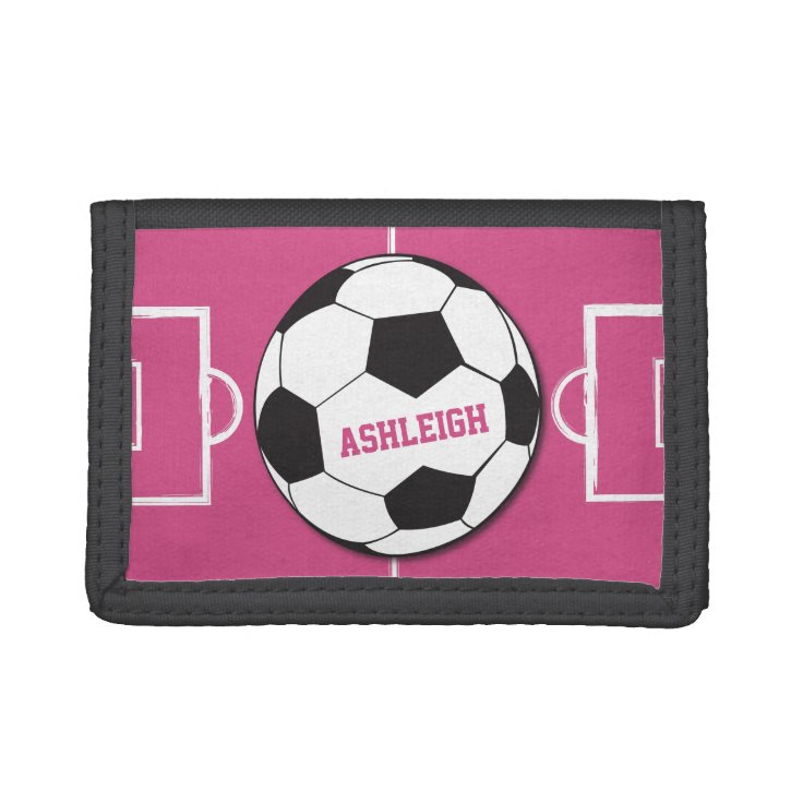 Personalized Soccer Ball and Field Pink Trifold Wallet | Zazzle