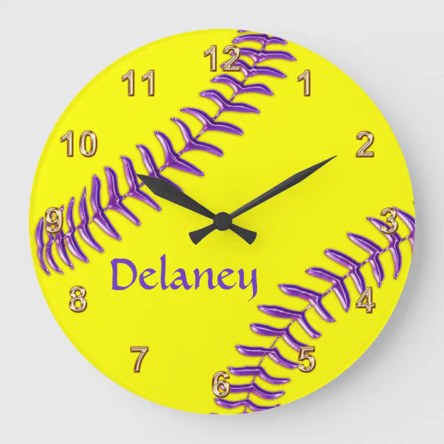 Personalized Softball Clocks, Purple Name, Threads Large Clock | Zazzle
