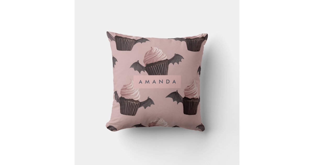Personalized Spooky Cute Bat Cupcake Pattern Throw Pillow | Zazzle