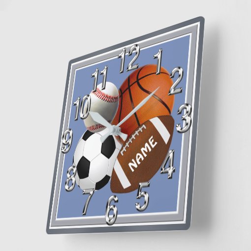 Personalized Sports themed Clock, Your Text, Color Square Wall Clock ...