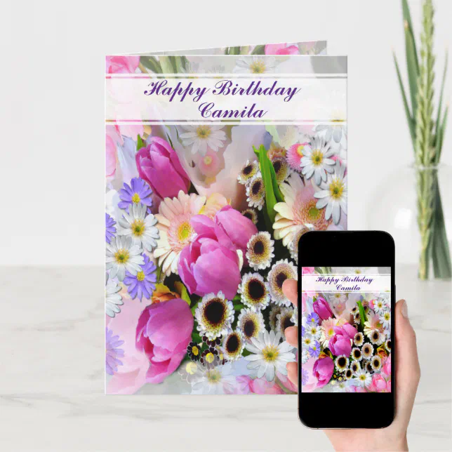 Personalized Spring Flower Bouquet Happy Birthday Card | Zazzle