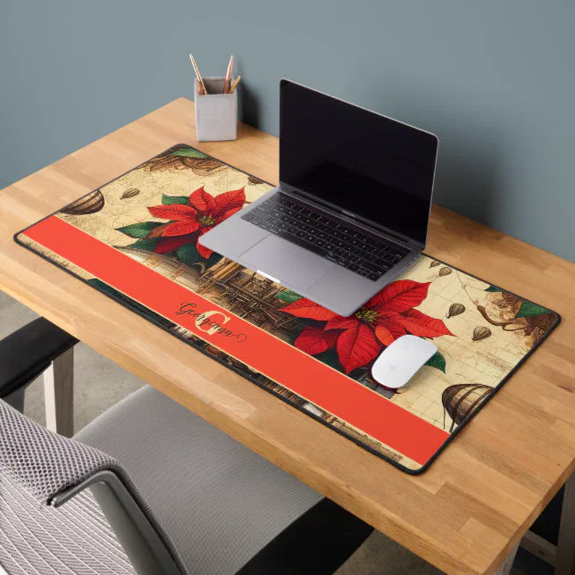 Personalized Steampunk Airship with Poinsettia Desk Mat | Zazzle