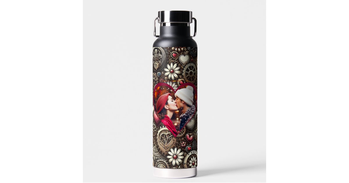 Personalized Steampunk Hearts, Flowers and Gears Water Bottle | Zazzle