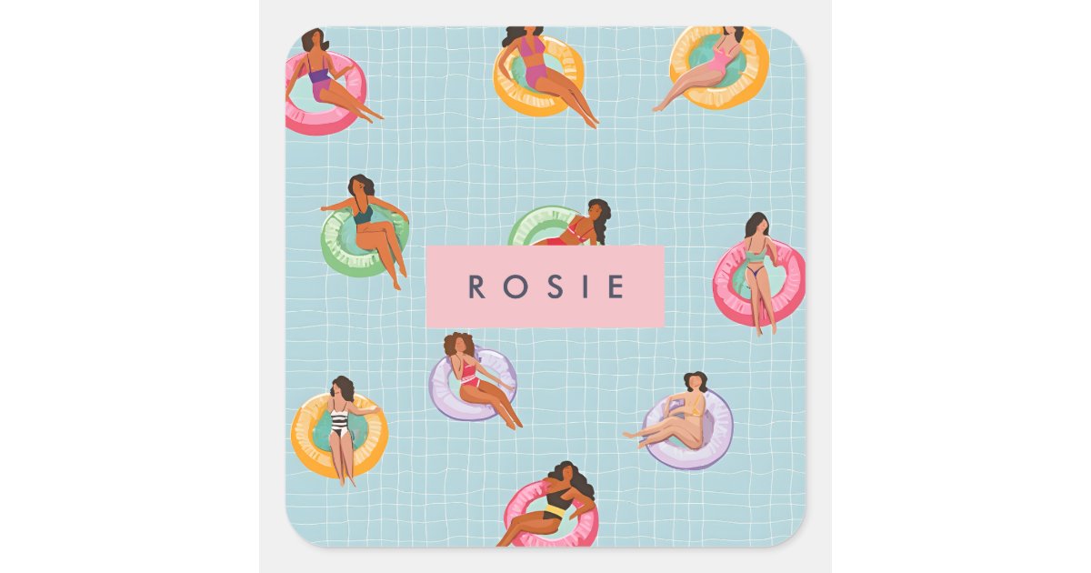 Personalized Summer Women Relaxing on Pool Floats Square Sticker | Zazzle